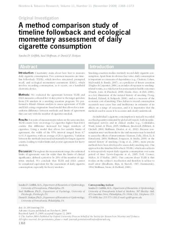 (PDF) A method comparison study of timeline followback and ecological momentary assessment of ...