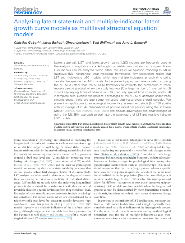 Pdf Analyzing Latent State Trait And Multiple Indicator Latent Growth