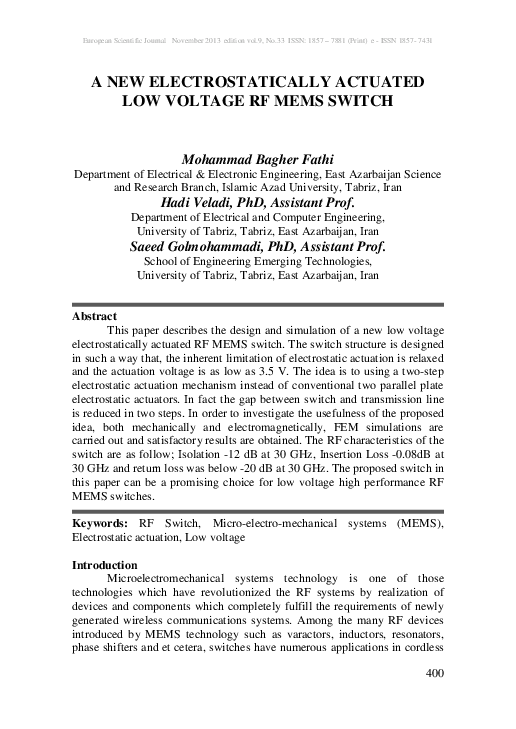 Pdf A New Electrostatically Actuated Low Voltage Rf Mems Switch
