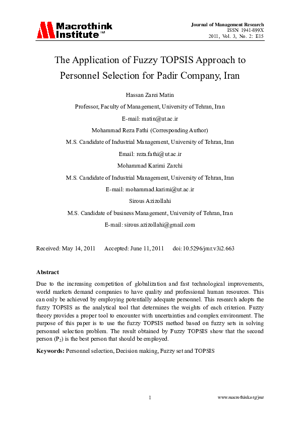 Pdf The Application Of Fuzzy Topsis Approach To Personnel Selection For Padir Company Iran