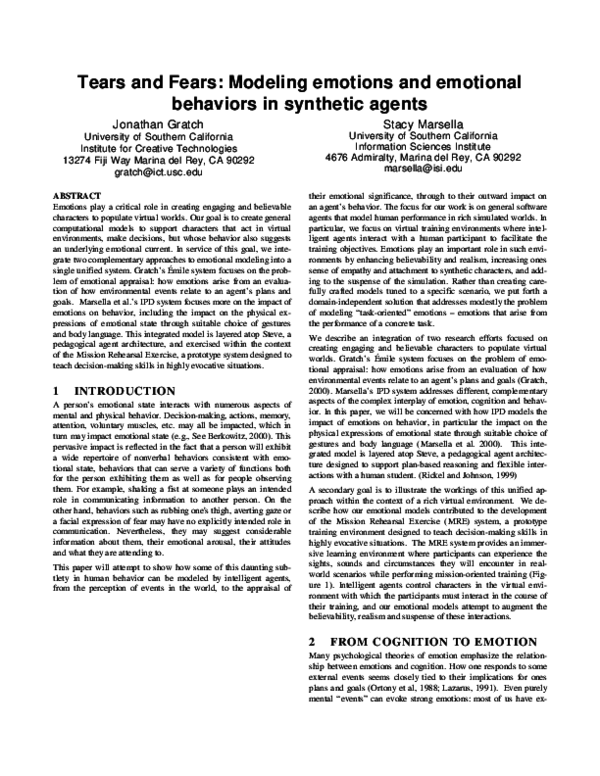 (PDF) Tears and fears: Modeling emotions and emotional behaviors in synthetic agents
