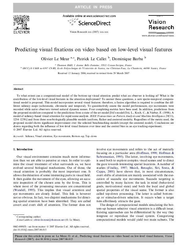 (PDF) Predicting visual fixations on video based on low-level visual features