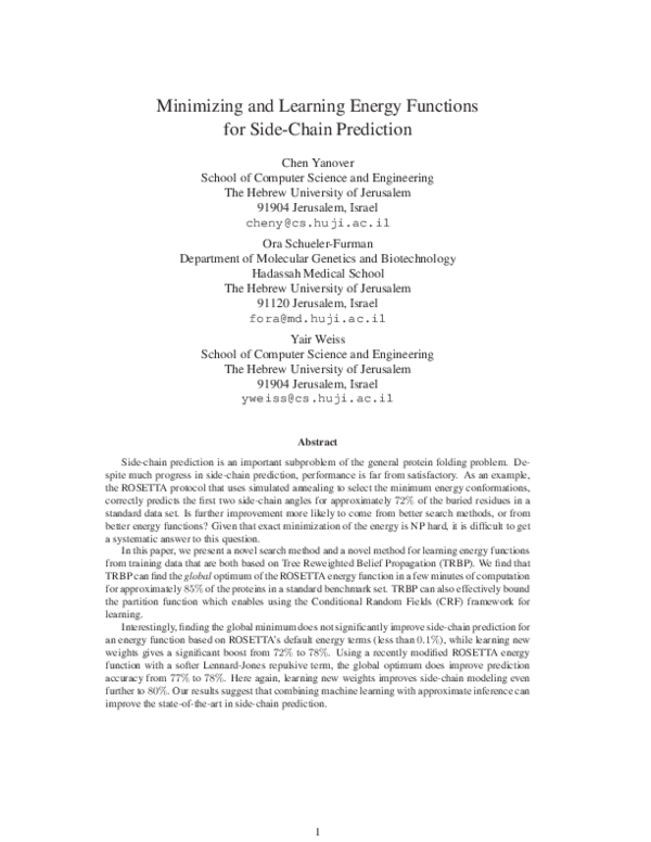 Pdf Minimizing And Learning Energy Functions For Side Chain Prediction