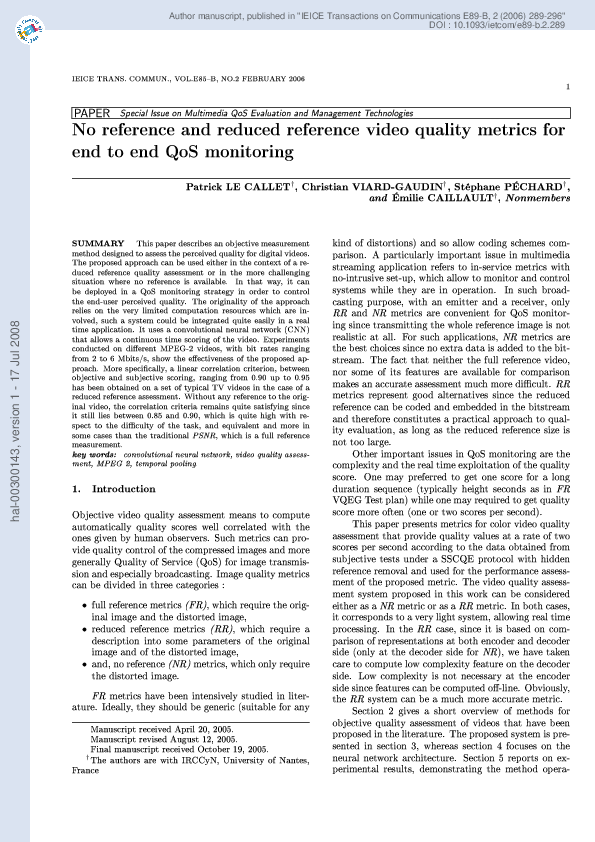 (PDF) No Reference and Reduced Reference Video Quality Metrics for End to End QoS Monitoring