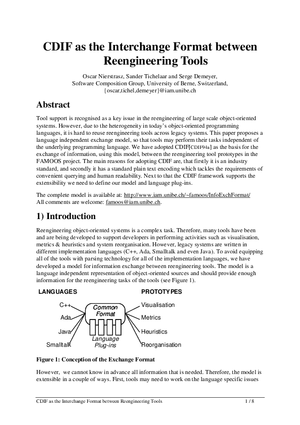 (PDF) CDIF as the interchange format between reengineering tools