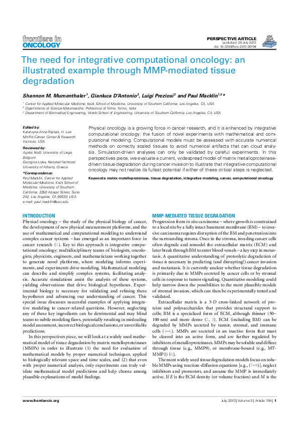 (PDF) The Need for Integrative Computational Oncology: An Illustrated Example through MMP ...
