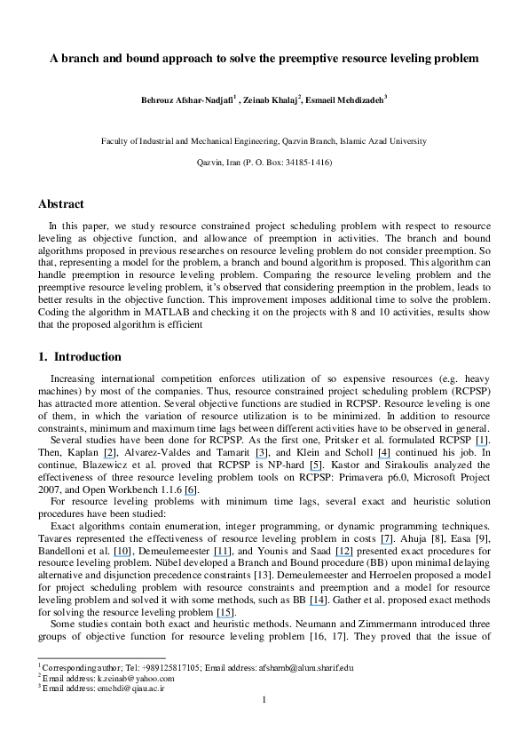 (PDF) A Branch and Bound Approach to Solve the Preemptive Resource Leveling Problem