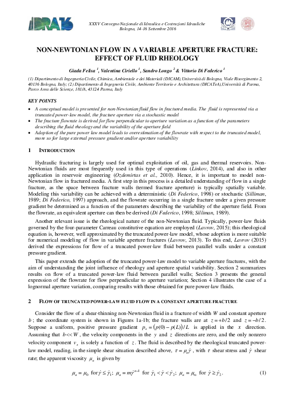 (PDF) NON-NEWTONIAN FLOW IN A VARIABLE APERTURE FRACTURE: EFFECT OF FLUID RHEOLOGY | Sandro ...