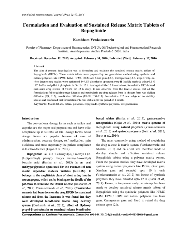 Pdf Formulation And Evaluation Of Sustained Release Matrix Tablets Of Repaglinide