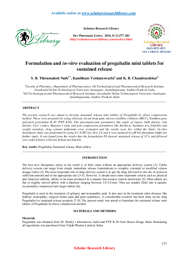 Pdf Formulation And In Vitro Evaluation Of Pregabalin Mini Tablets For Sustained Release