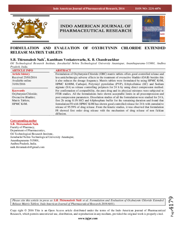 Pdf Formulation And Evaluation Of Oxybutynin Chloride Extended Release Matrix Tablets