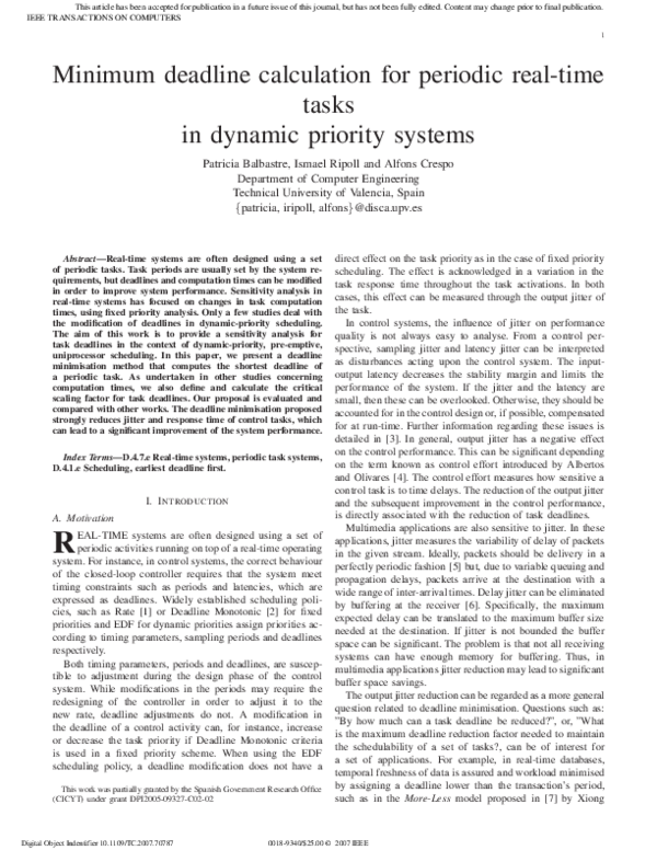 Pdf Minimum Deadline Calculation For Periodic Real Time Tasks In Dynamic Priority Systems