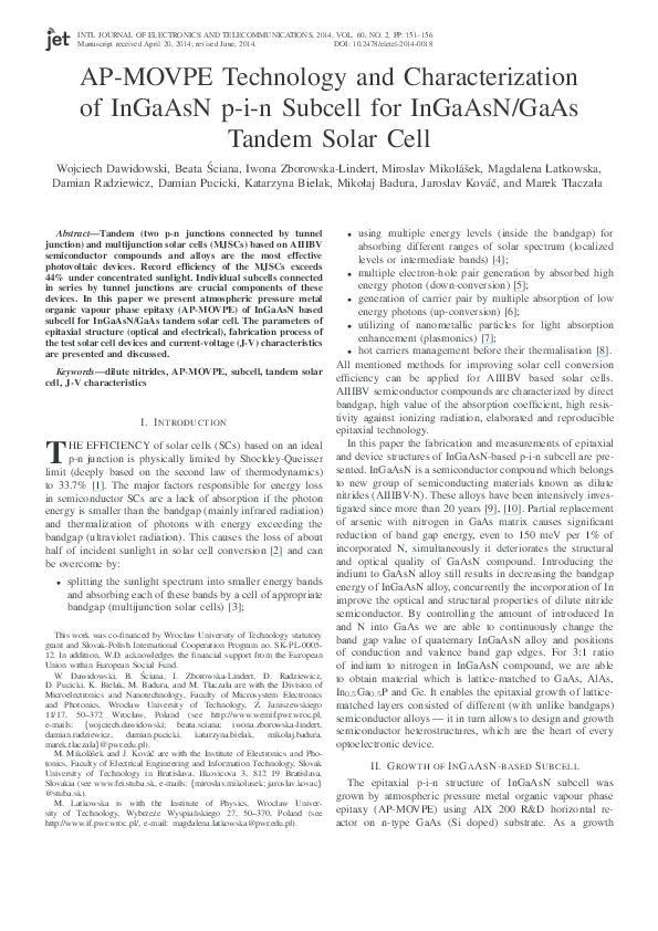 (PDF) AP-MOVPE Technology and Characterization of InGaAsN pin Subcell ...