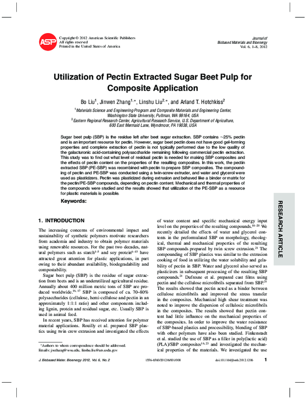 (PDF) Utilization of pectin extracted sugar beet pulp for composite ... (PDF) Utilization of pectin extracted sugar beet pulp for composite ...