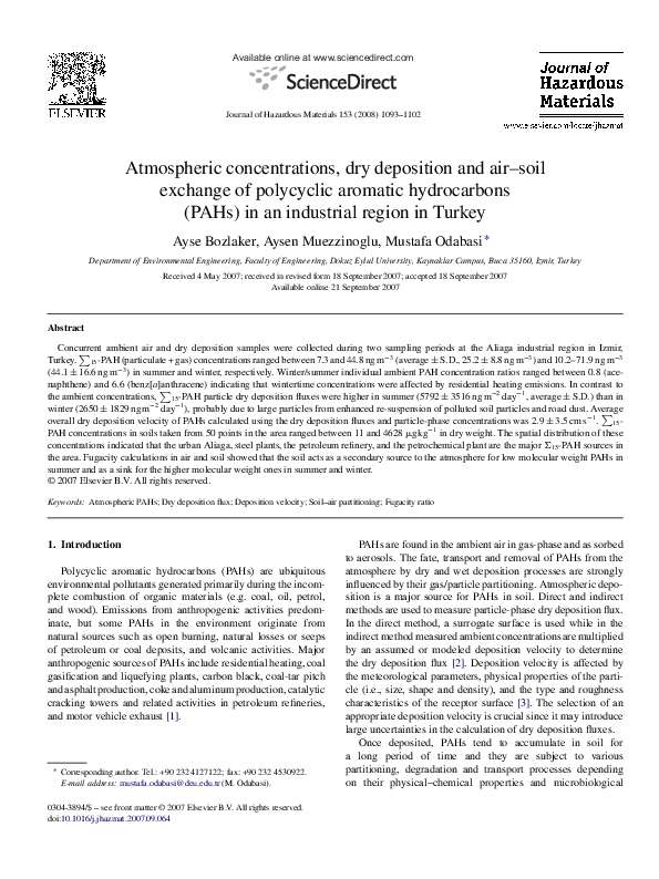 (PDF) Atmospheric concentrations, dry deposition and air–soil exchange of polycyclic aromatic ...