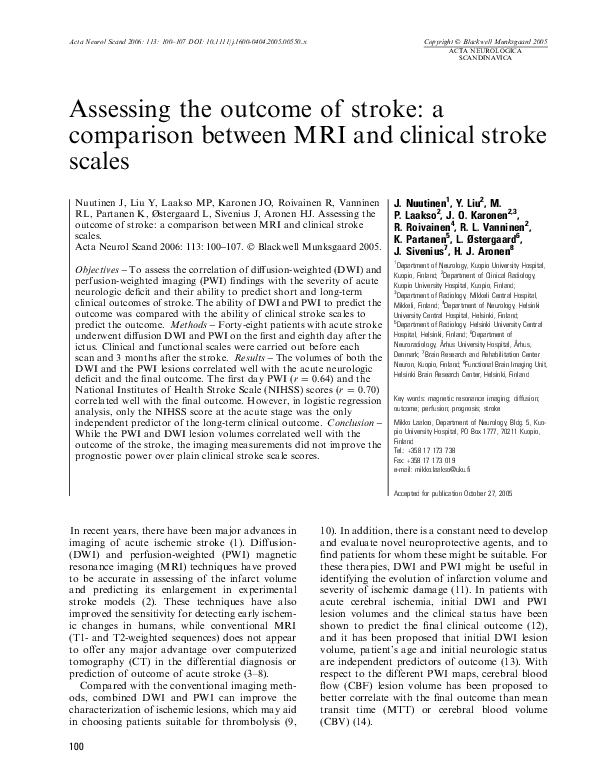 (PDF) Assessing the outcome of stroke: a comparison between MRI and ...
