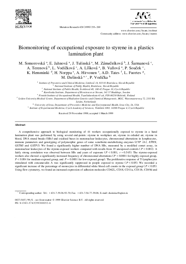 (PDF) Biomonitoring of occupational exposure to styrene in a plastics ...