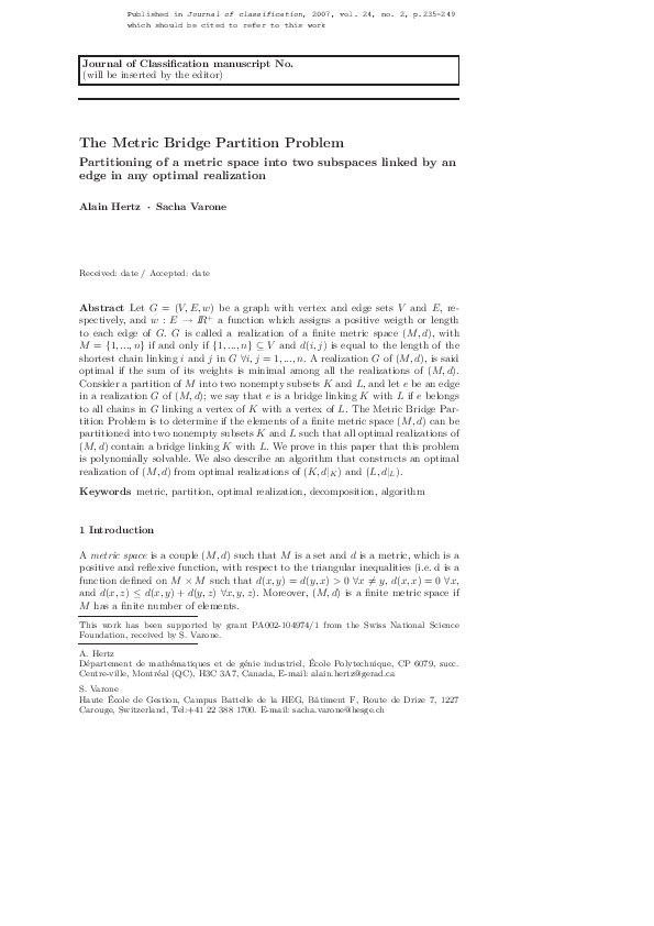 Pdf The Metric Bridge Partition Problem Partitioning Of A Metric
