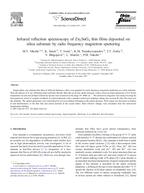 (PDF) Infrared reflection spectroscopy of Zn2SnO4 thin films deposited ...