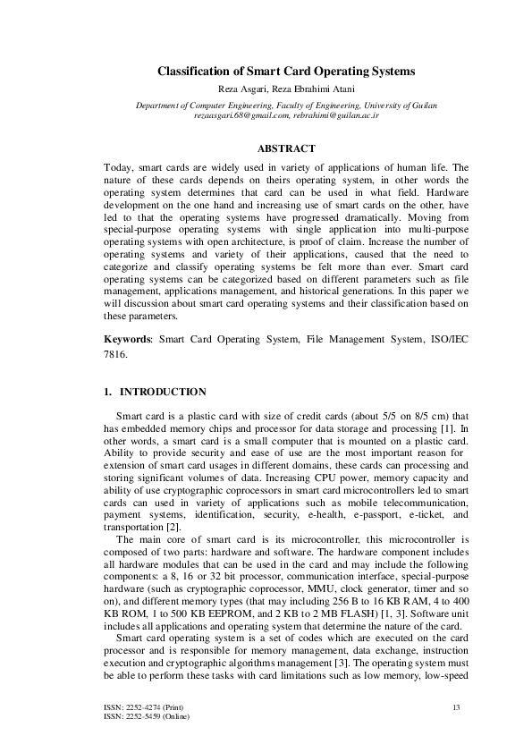 (PDF) Classification of Smart Card Operating Systems