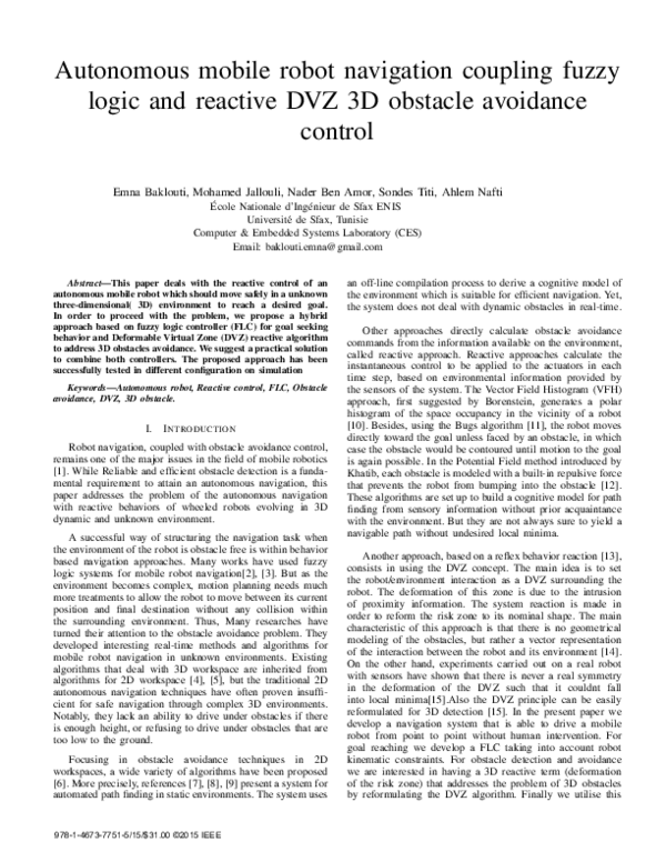 Pdf Autonomous Mobile Robot Navigation Coupling Fuzzy Logic And Reactive Dvz 3d Obstacle