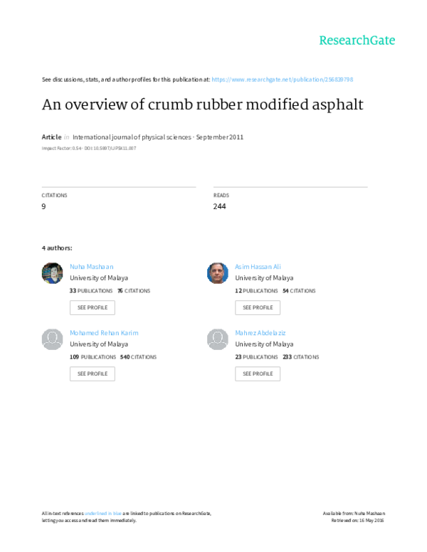 (PDF) An overview of crumb rubber modified asphalt