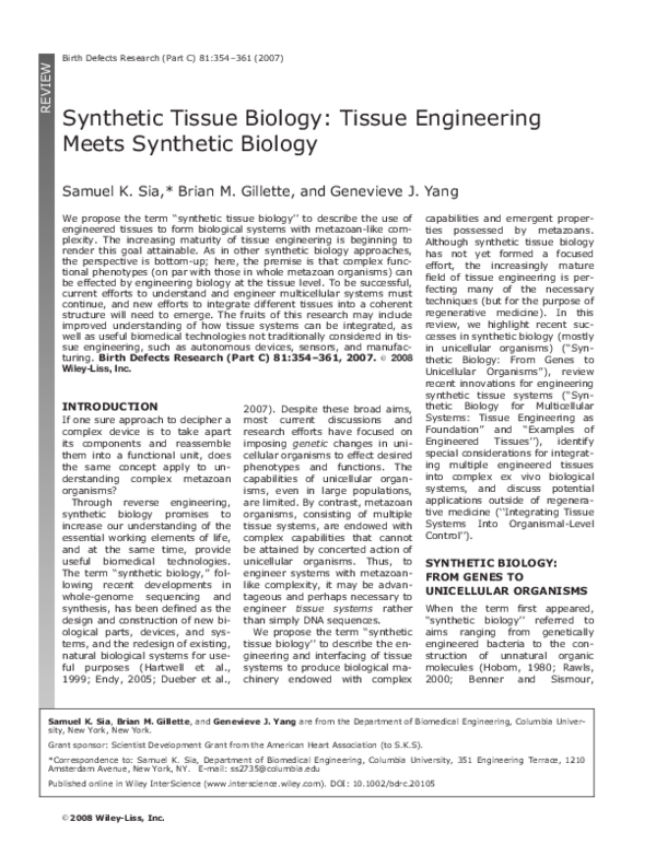 (PDF) Synthetic tissue biology: Tissue engineering meets synthetic biology