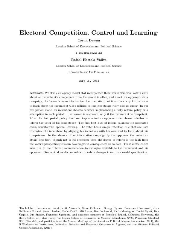 (PDF) Electoral competition, control and learning