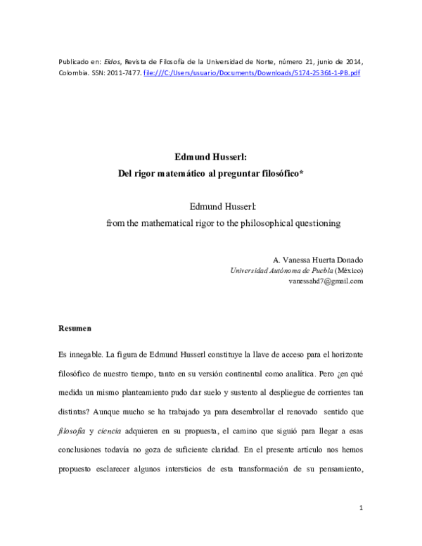 (PDF) Edmund Husserl: Del rigor matemático al preguntar filosófico