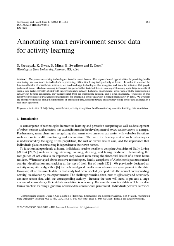 (PDF) Annotating smart environment sensor data for activity learning