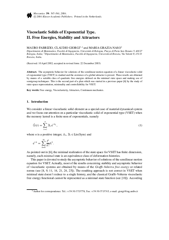 (PDF) Viscoelastic Solids of Exponential Type. II. Free Energies, Stability and Attractors