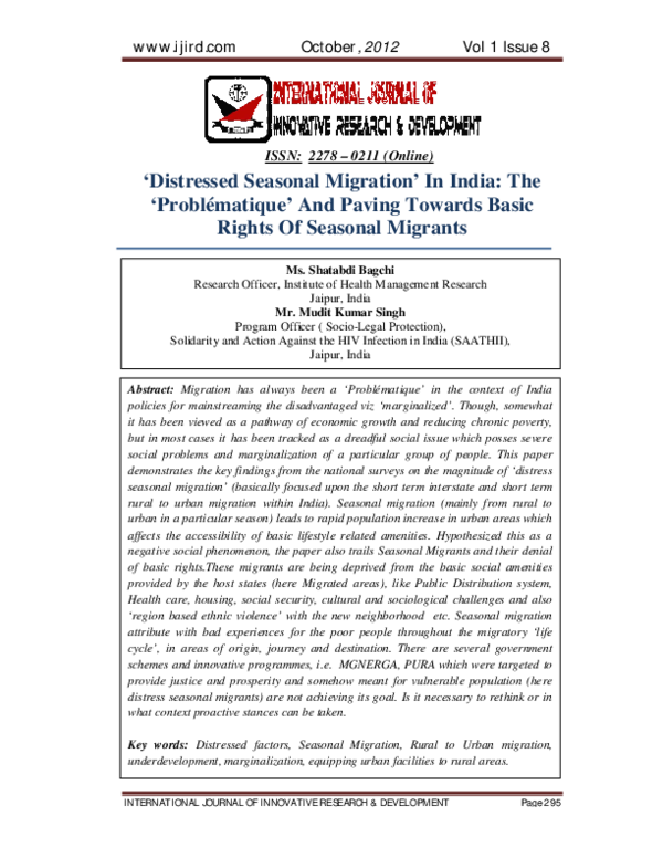 (PDF) Distressed Seasonal Migration’ In India: The ‘Problématique’ And ...