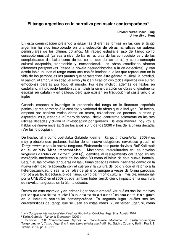 (PDF) El tango argentino en la narrativa peninsular contemporánea