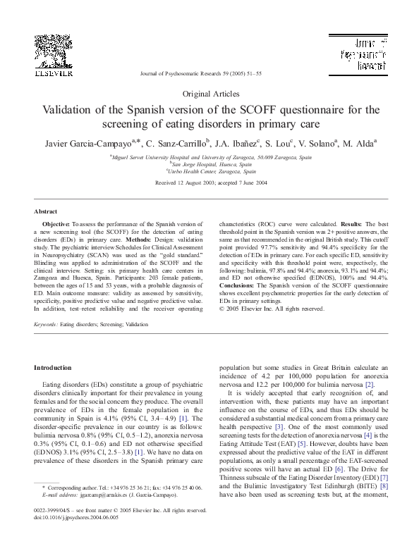 (PDF) Validation of the Spanish version of the SCOFF questionnaire for ...