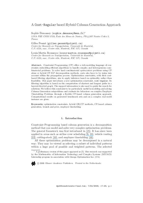 Pdf A Cost Regular Based Hybrid Column Generation Approach
