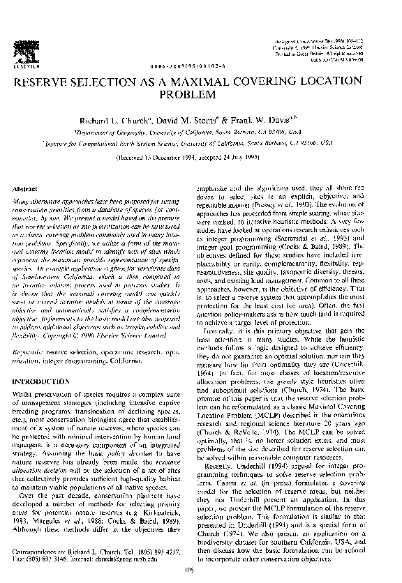 (PDF) Reserve selection as a maximal covering location problem