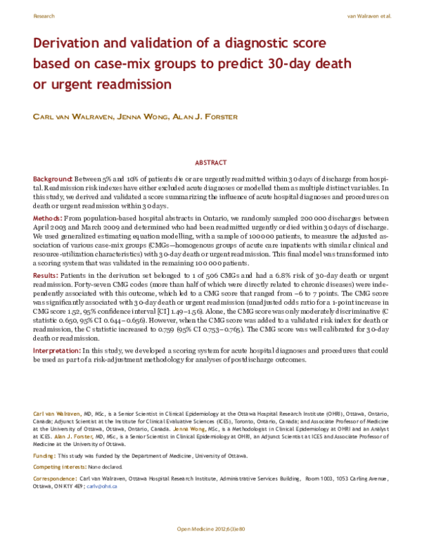 Pdf Derivation And Validation Of A Diagnostic Score Based On Case Mix