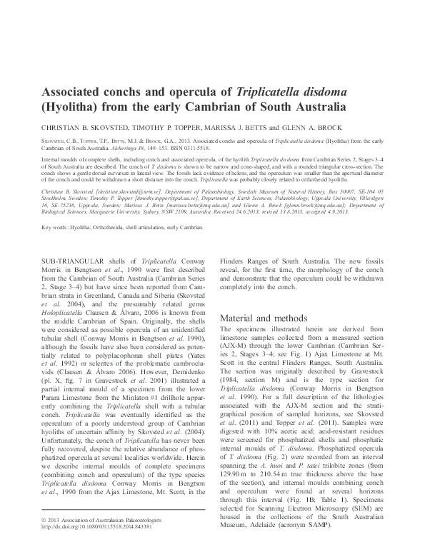 (PDF) Associated conchs and opercula of Triplicatella disdoma (Hyolitha ...
