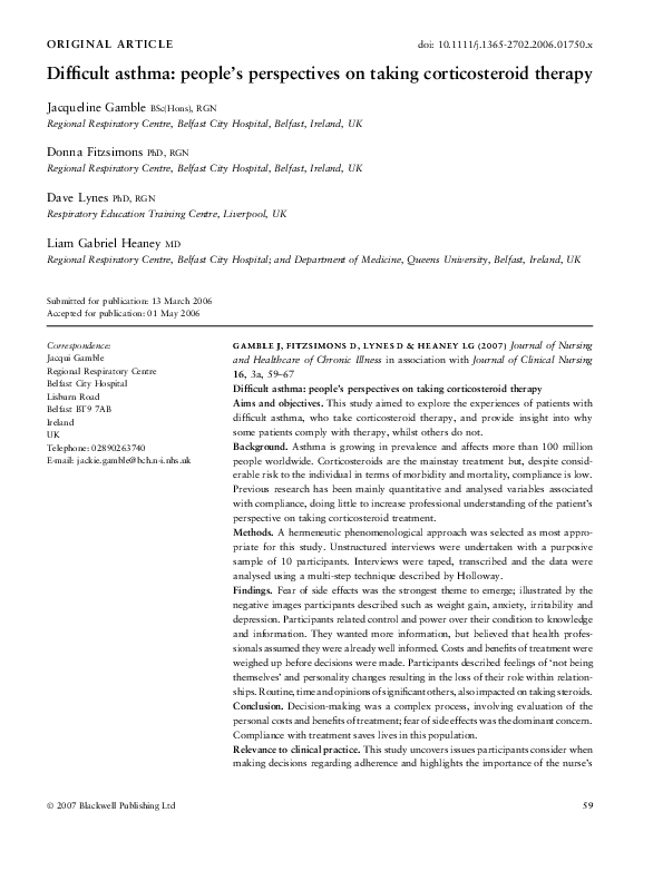 (PDF) Difficult asthma: people's perspectives on taking corticosteroid ...