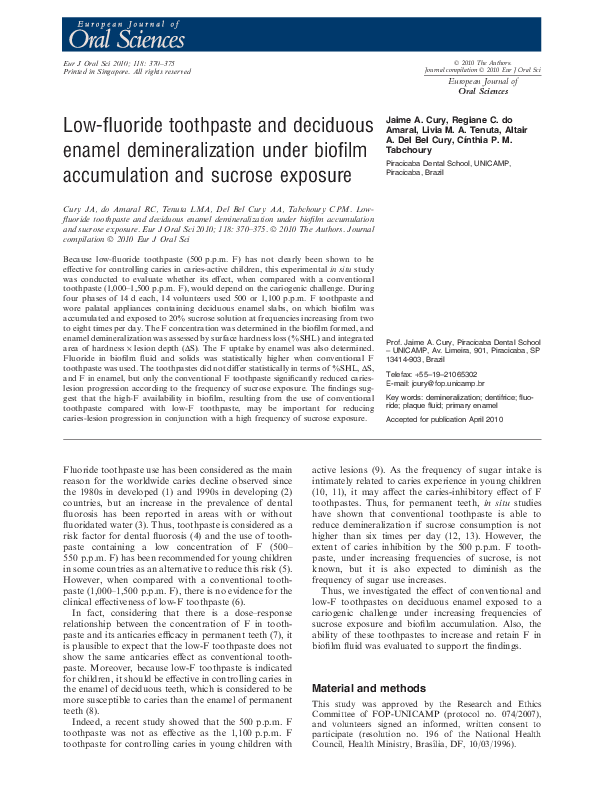 (PDF) Low-fluoride toothpaste and deciduous enamel demineralization ...