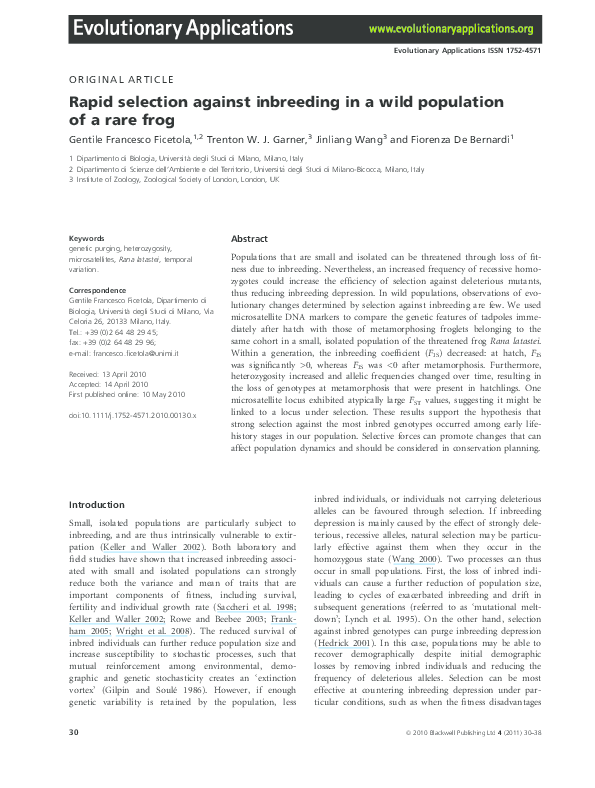 (PDF) Rapid selection against inbreeding in a wild population of a rare ...