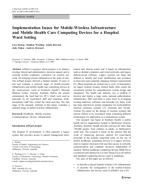 (PDF) Implementation Issues for Mobile-Wireless Infrastructure and Mobile Health Care Computing ...