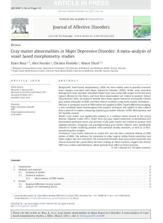 (PDF) Gray matter abnormalities in Major Depressive Disorder: A meta-analysis of voxel based ...