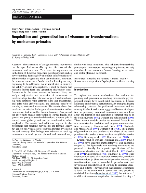 (PDF) Acquisition and generalization of visuomotor transformations by ...