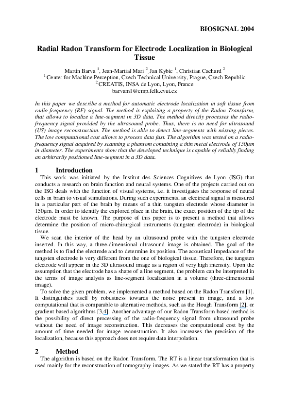 Pdf Radial Radon Transform For Electrode Localization In Biological Tissue