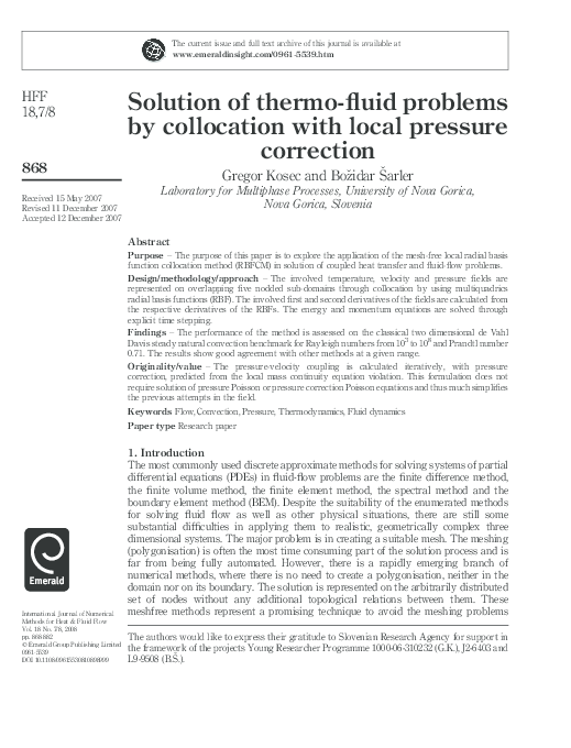 (PDF) Solution of thermo‐fluid problems by collocation with local pressure correction