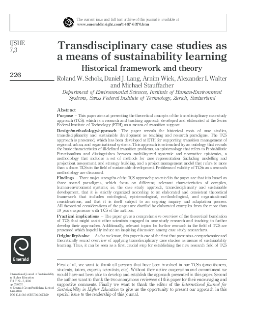 (PDF) Transdisciplinary case studies as a means of sustainability ...