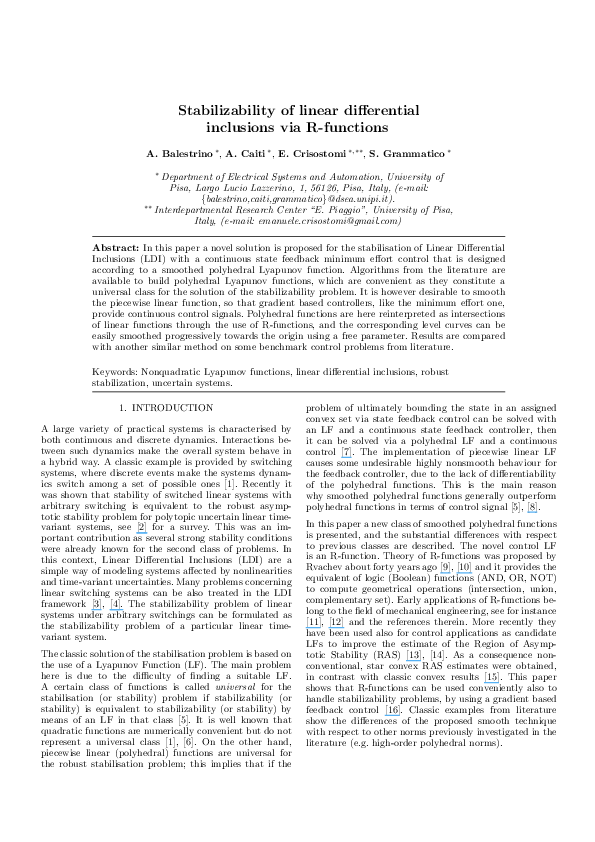 (PDF) Stabilizability of linear differential inclusions via R-functions