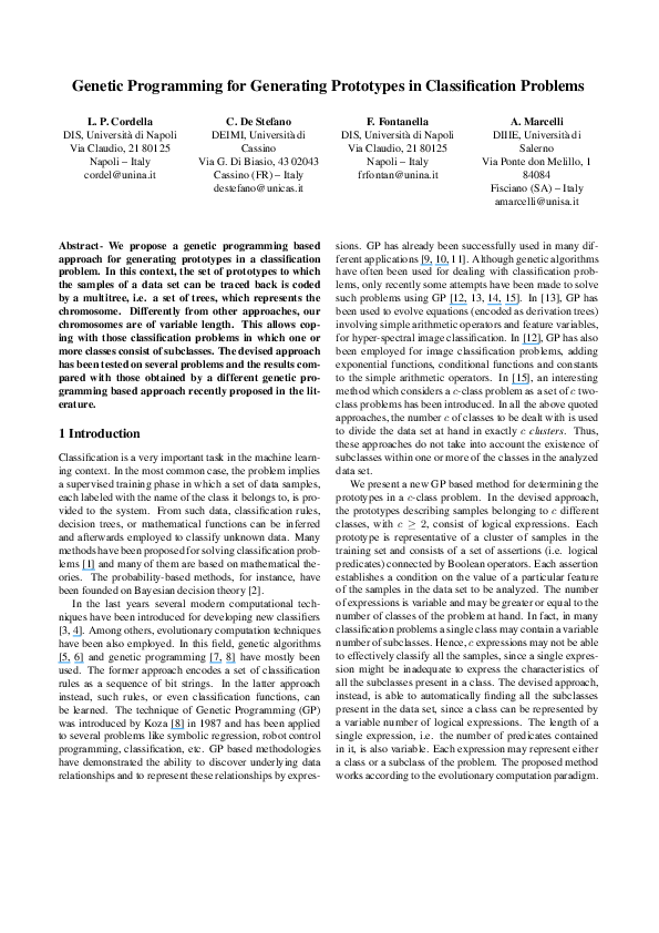 Pdf Genetic Programming For Generating Prototypes In Classification Problems Claudio De