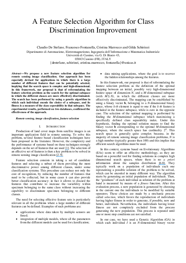 Pdf A Feature Selection Algorithm For Class Discrimination Improvement